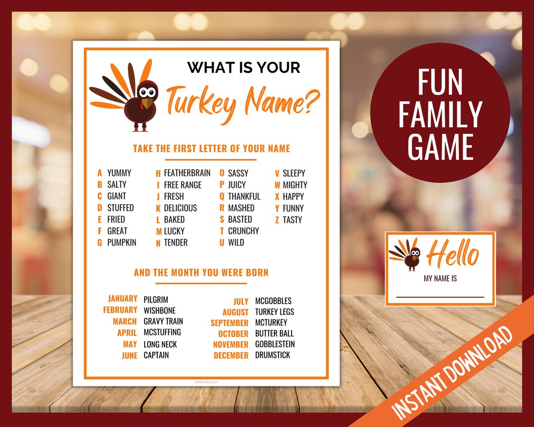 Thanksgiving What's Your Turkey Name? Thanksgiving Printable Games ...