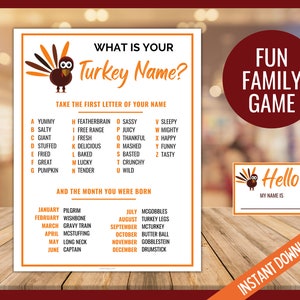 Thanksgiving What's Your Turkey Name? Thanksgiving Printable Games ...
