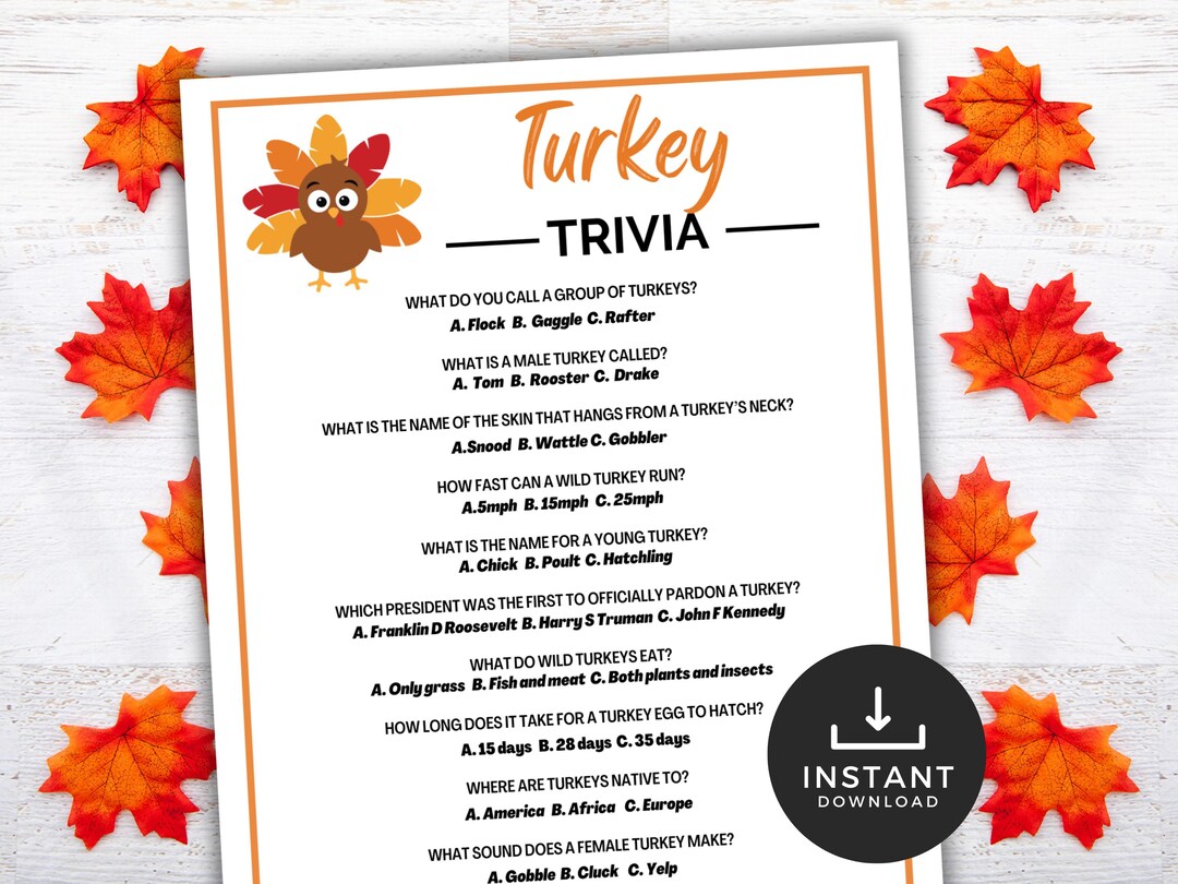 Turkey Trivia, Thanksgiving Printable Game, Fall Party Quiz, Classroom ...