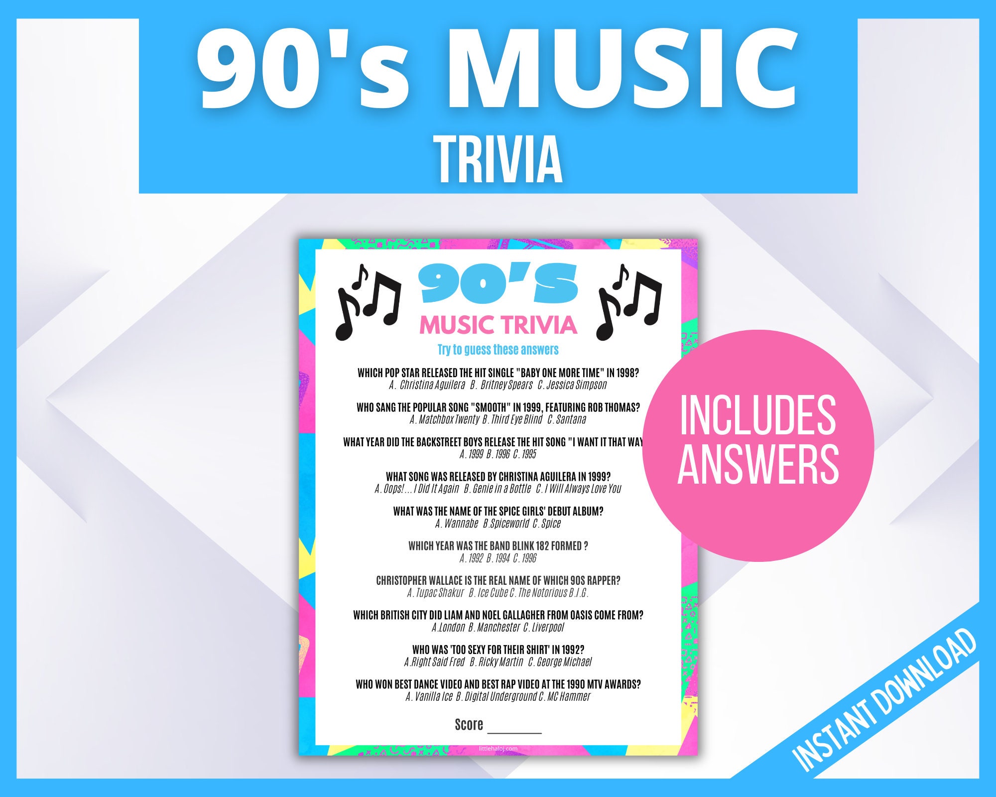 90s Music Trivia Game, 1990s Printable Party Game, 90s Music, Nineties ...