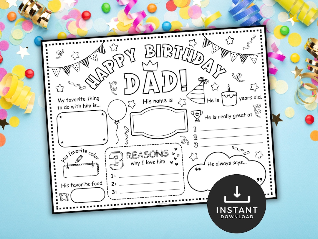 Happy Birthday Dad Coloring Page, Printable All About My Dad Placemat ...