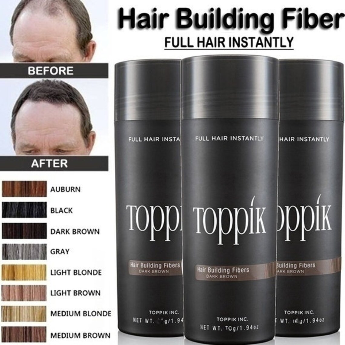 Toppik Hair Building Fibers: Dark Brown, Black, Medium Brown, Gray (27 ...