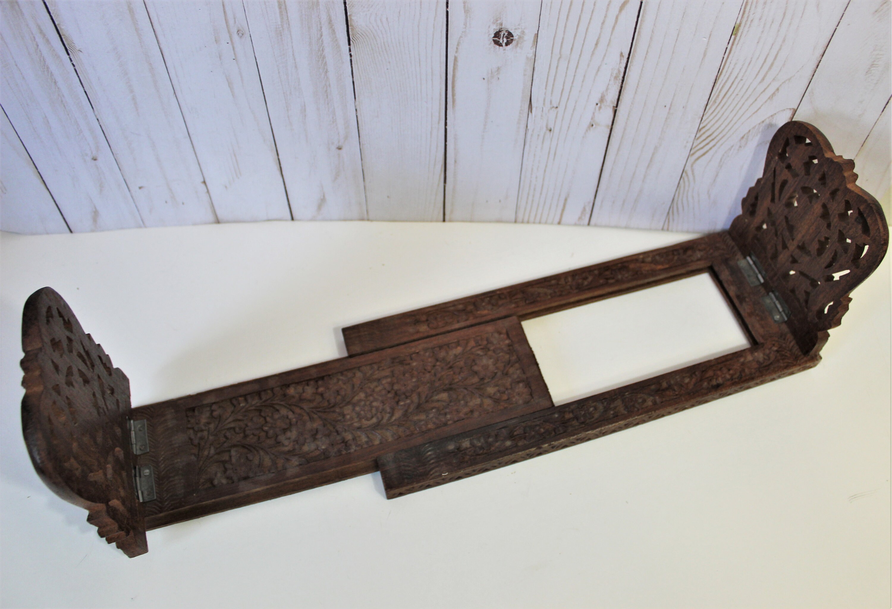 Vintage Wood Hand Carved Wooden FOLD-ABLE Floral Design Book Adjustable ...