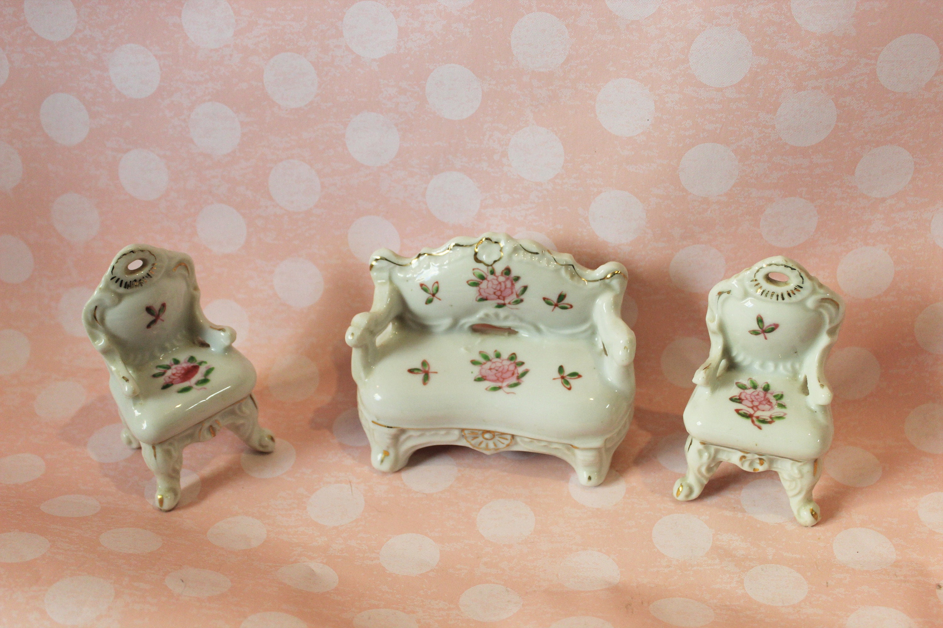 Vintage 3 Piece Porcelain Ceramic Miniature Dollhouse Furniture Floral ...