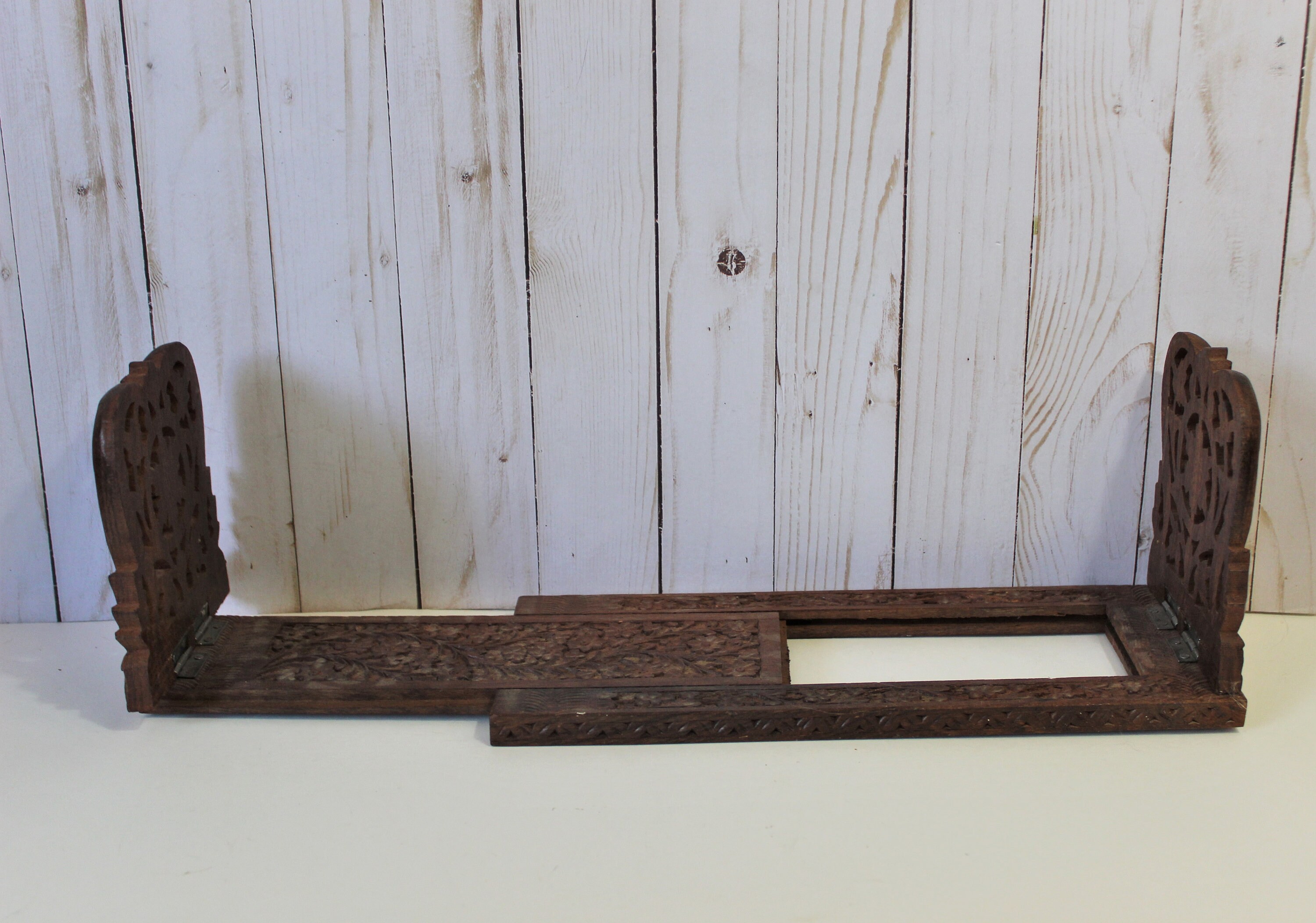 Vintage Wood Hand Carved Wooden FOLD-ABLE Floral Design Book Adjustable ...