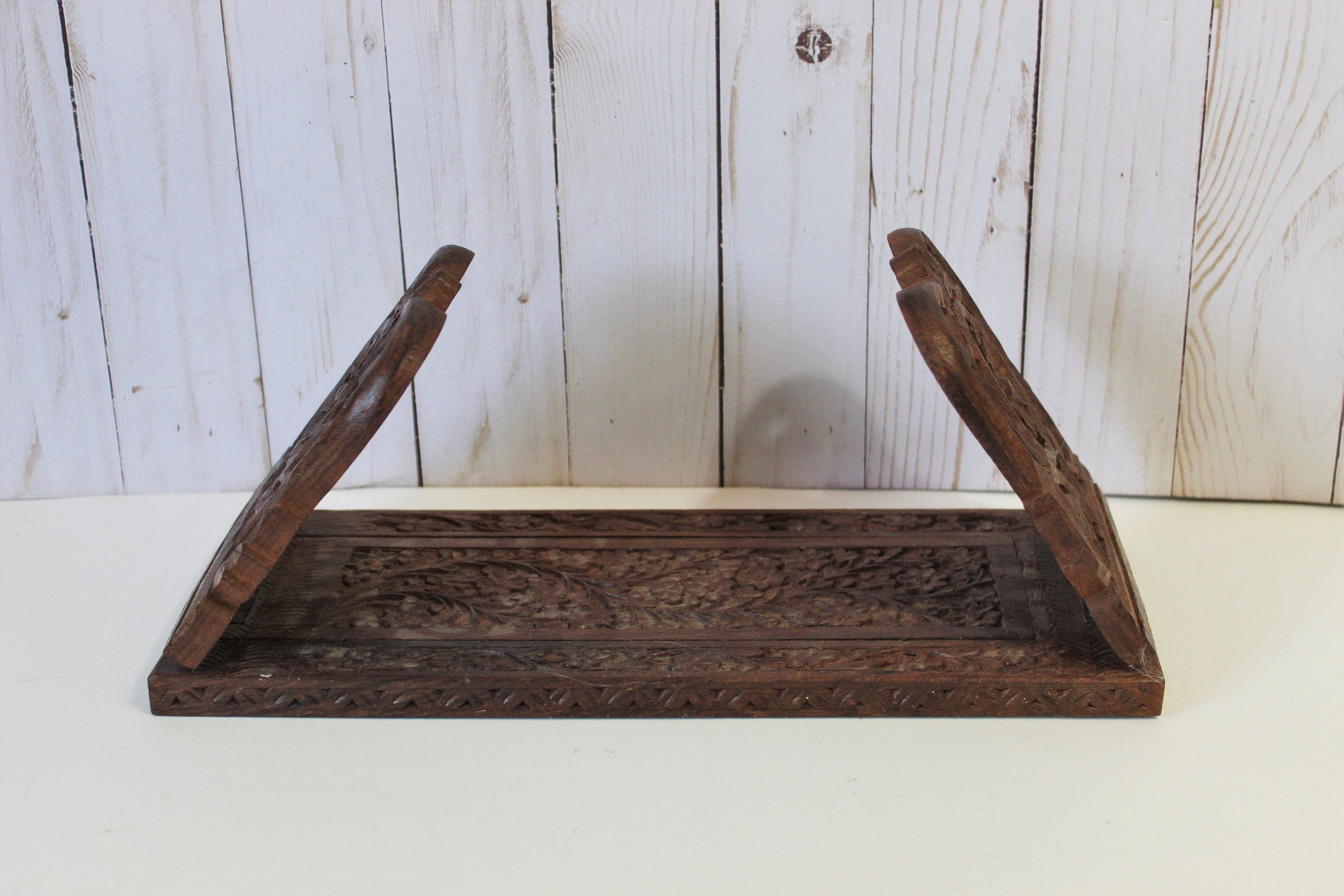 Vintage Wood Hand Carved Wooden FOLD-ABLE Floral Design Book Adjustable ...