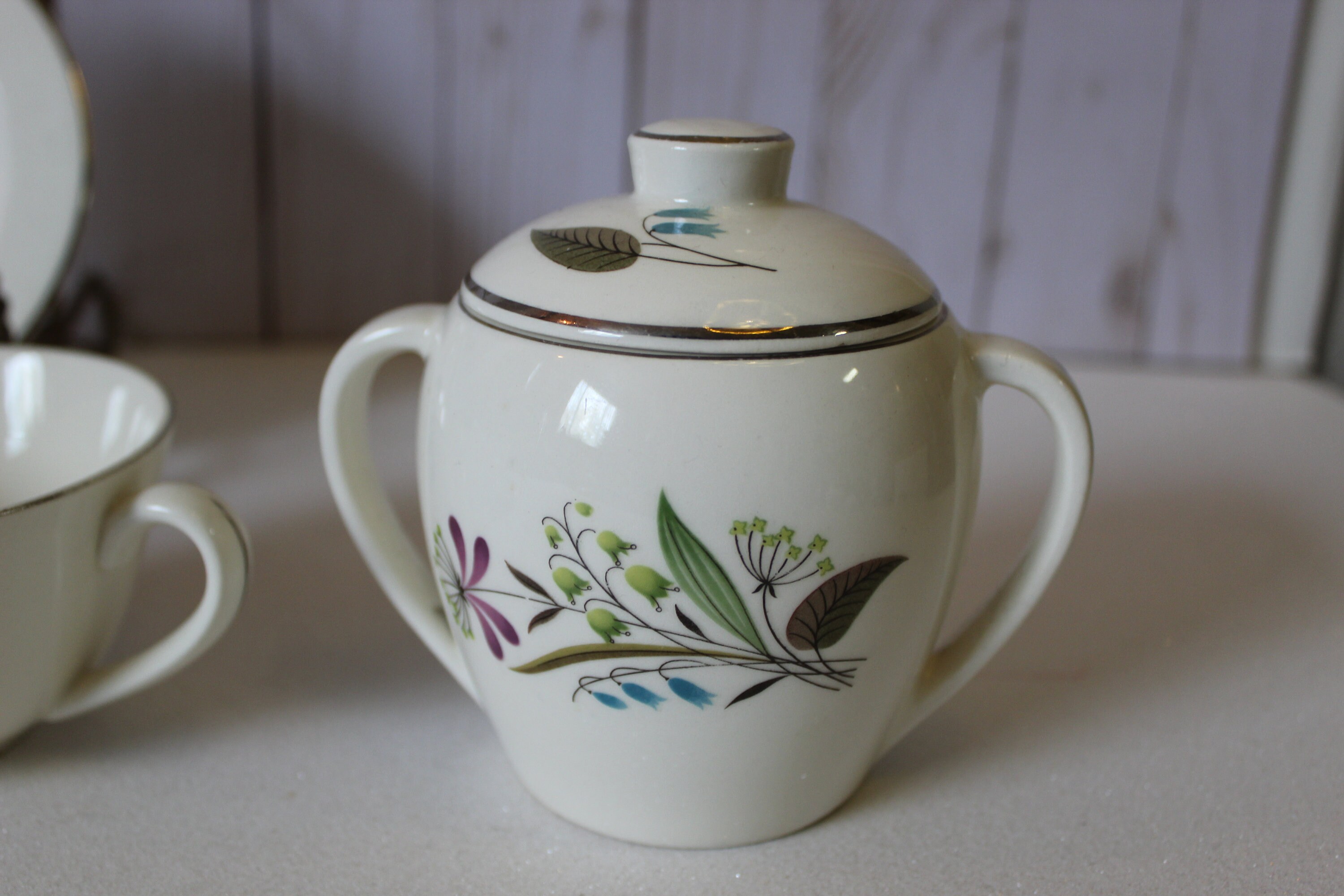 Vintage 50s Lily of the Valley Atomic Tea Cups & Saucers Sugar Bowl Lid ...