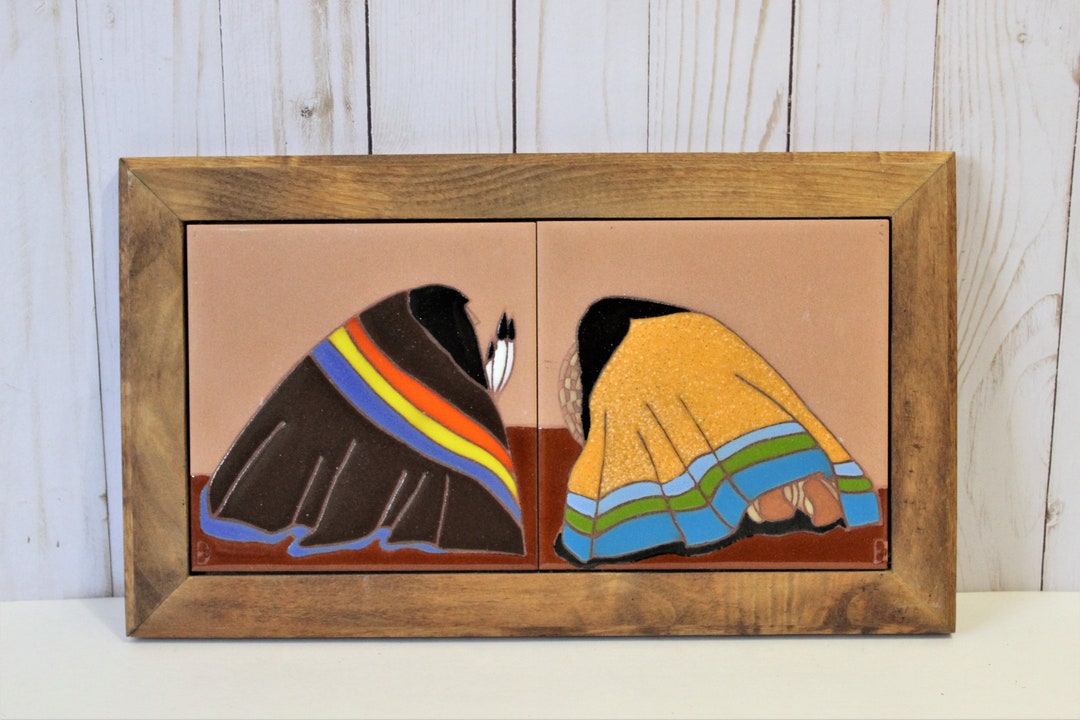 Vintage 80s Native American Indian Hand Painted Tile Santa Fe NM Large ...