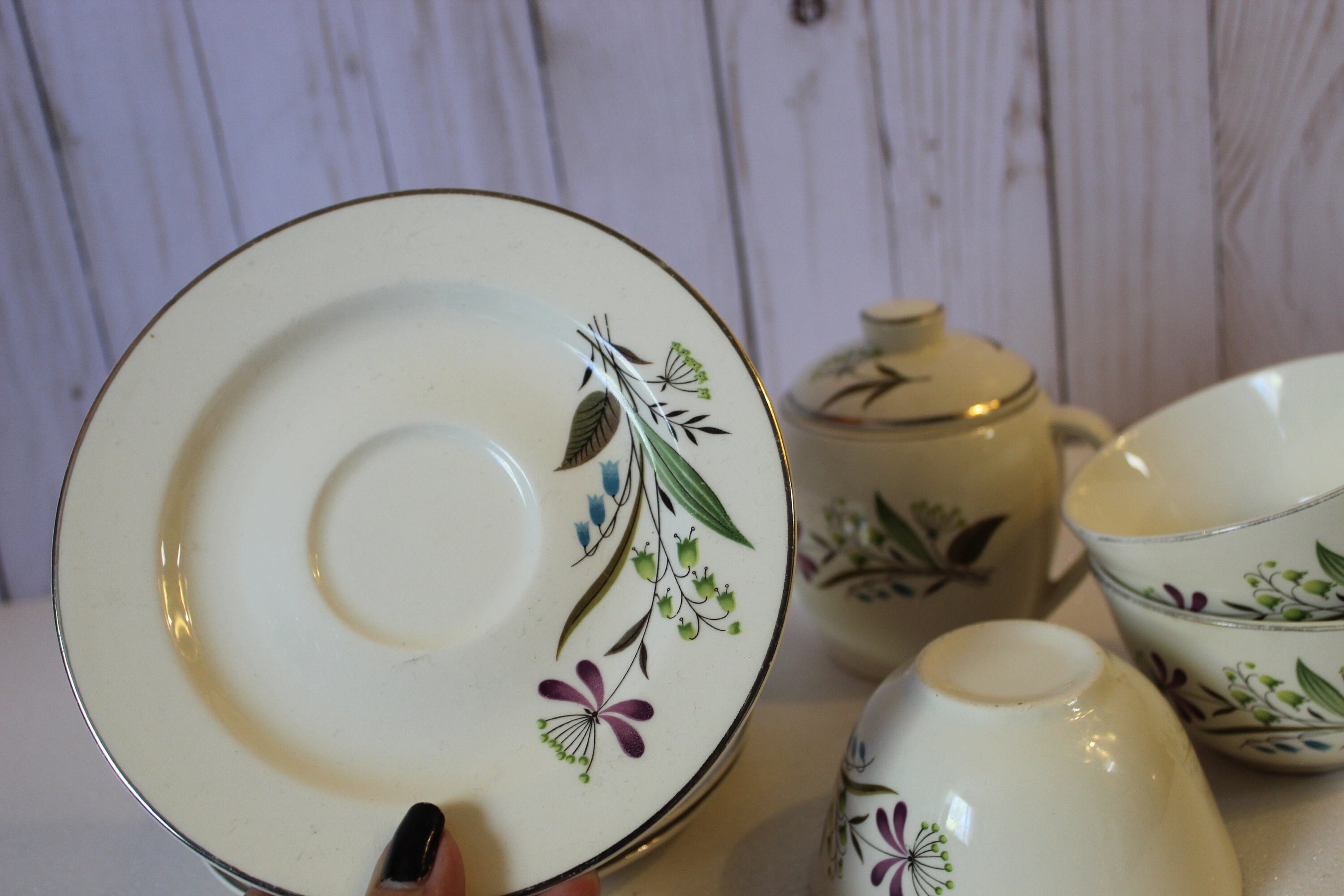 Vintage 50s Lily of the Valley Atomic Tea Cups & Saucers Sugar Bowl Lid ...