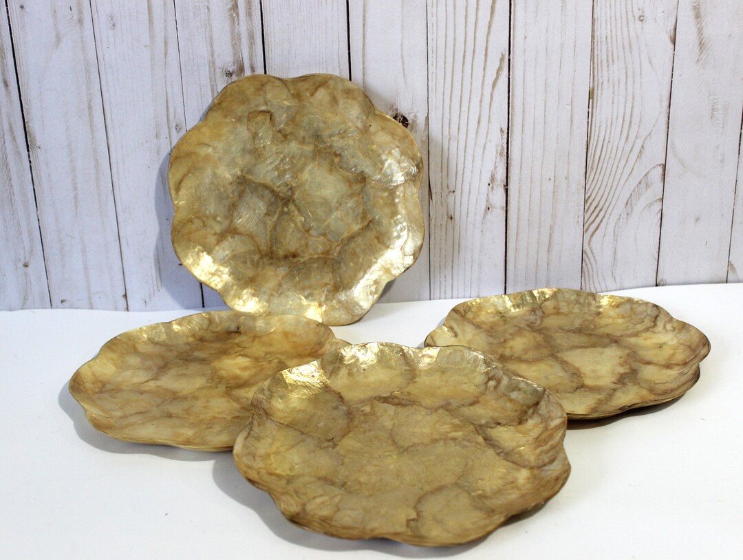 Vintage Gold Shell Craft Capiz Shell Scalloped Salad Luncheon Plates ...