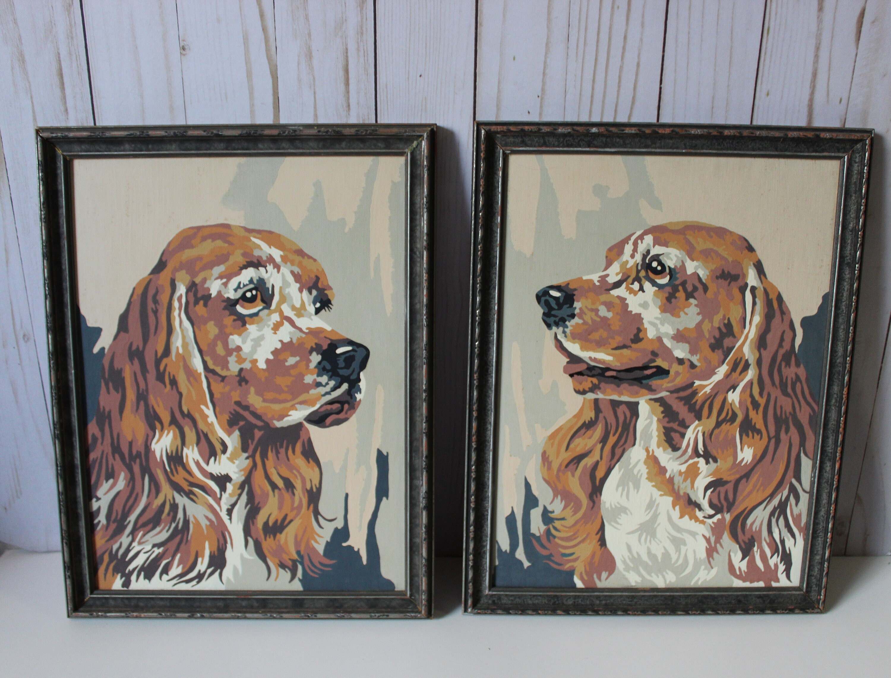 Vintage 50s Paint by Numbers Framed Cocker Spaniels Dogs Oil Painting ...