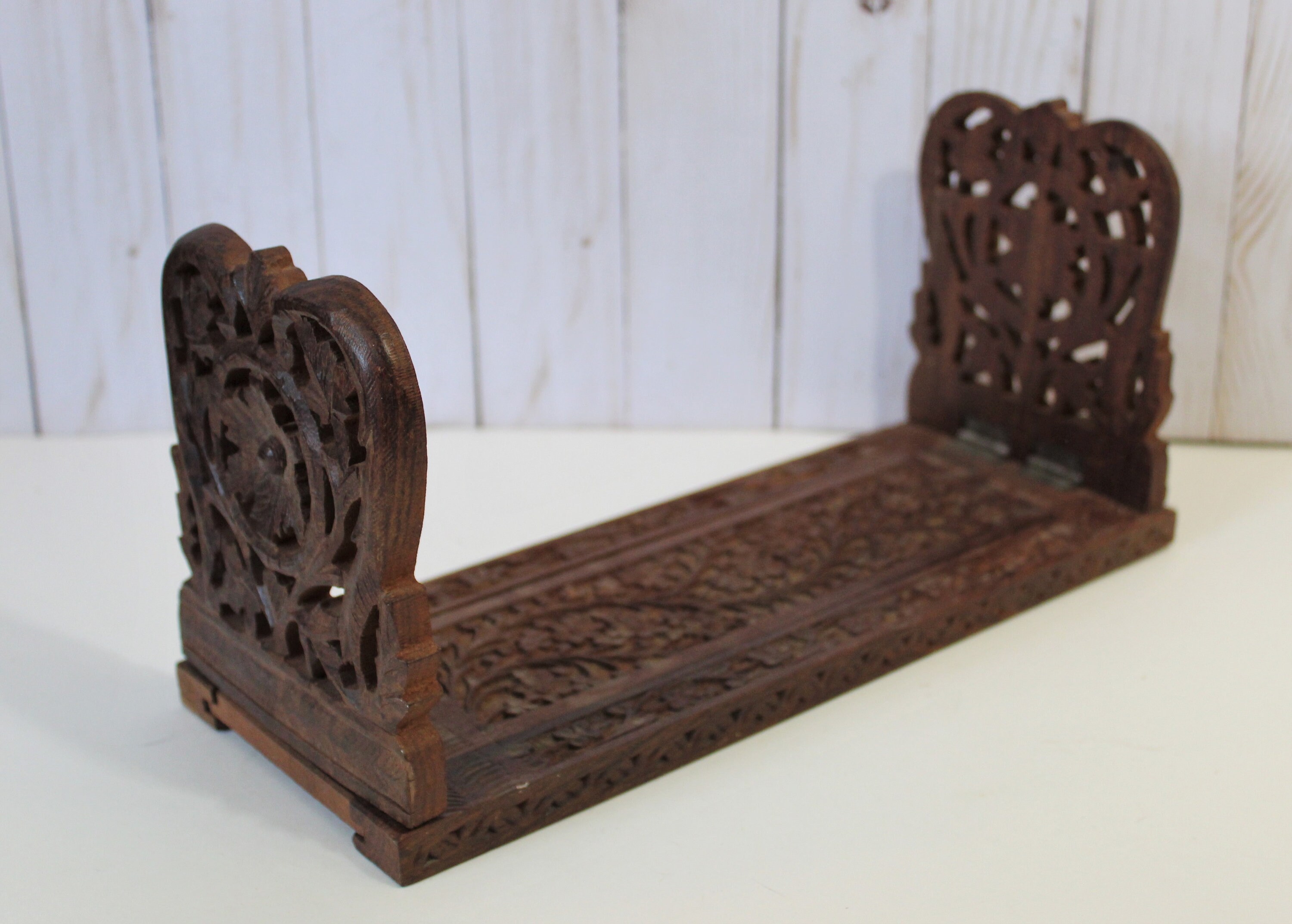 Vintage Wood Hand Carved Wooden FOLD-ABLE Floral Design Book Adjustable ...
