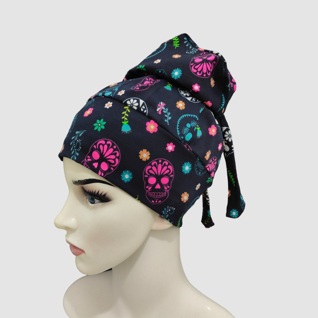 Skull Scrub Cap Ponytail, Bone, Long Hair Nurse Cap, Bouffant, Stretchy ...
