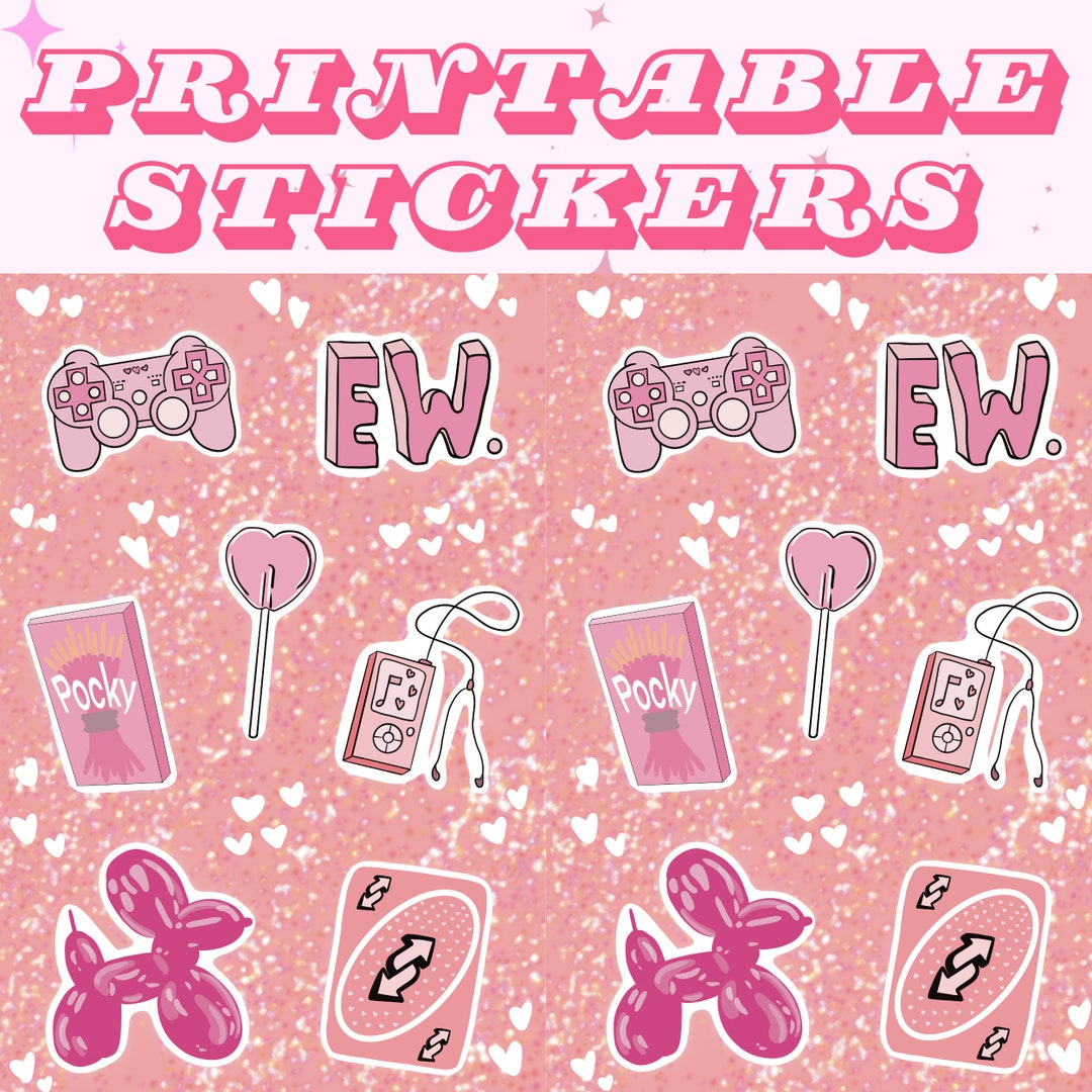 Printable Sticker Sheet Set of 7, 2000s Themed Stickers, Cute Pink Y2K ...