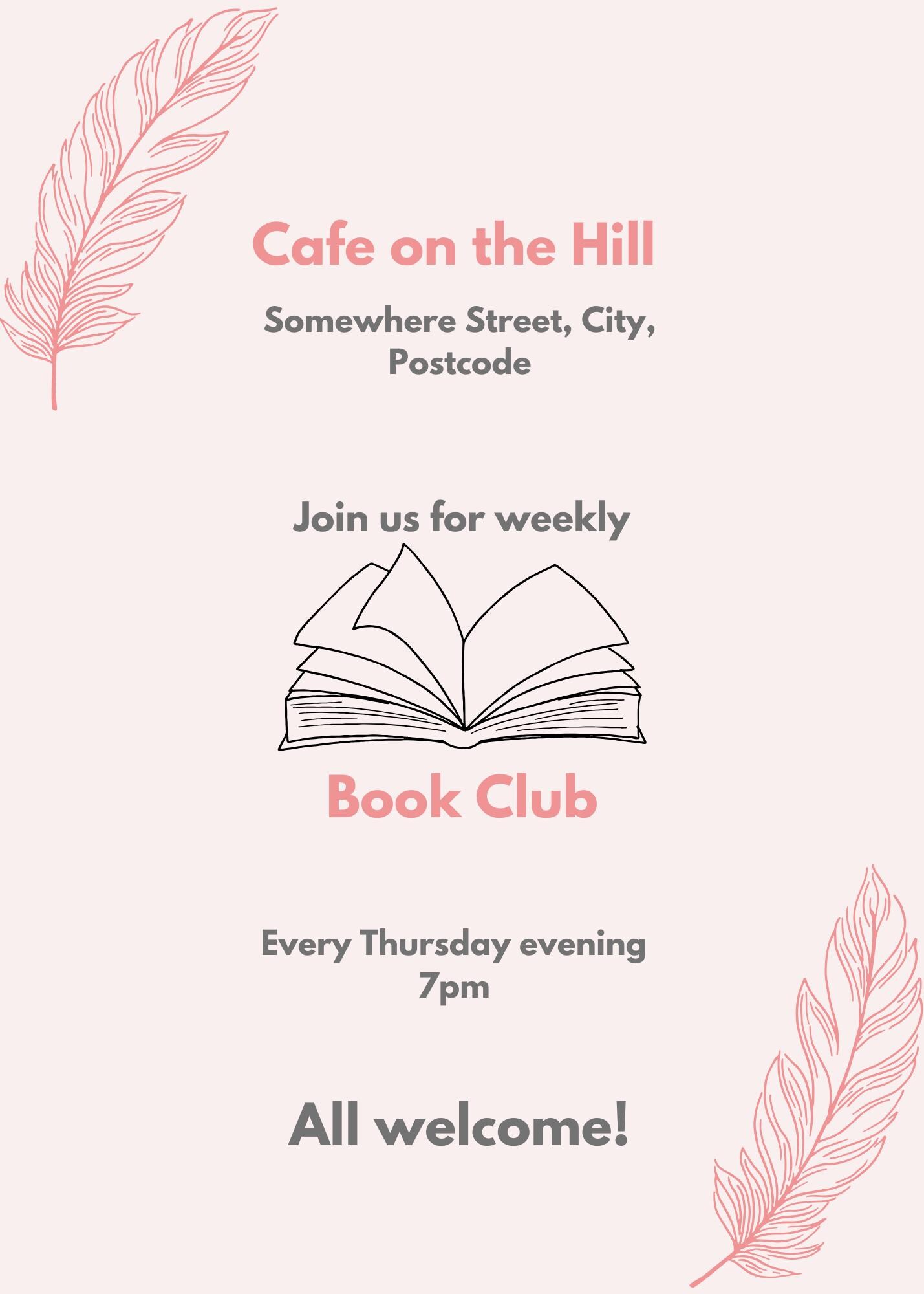 Book Club Flyer Template, Feather & Book Design, Customisable Text ...