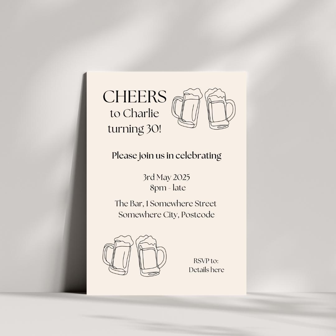 Cheers Birthday Invitation, Digital Template, Beer, Age & All Text ...