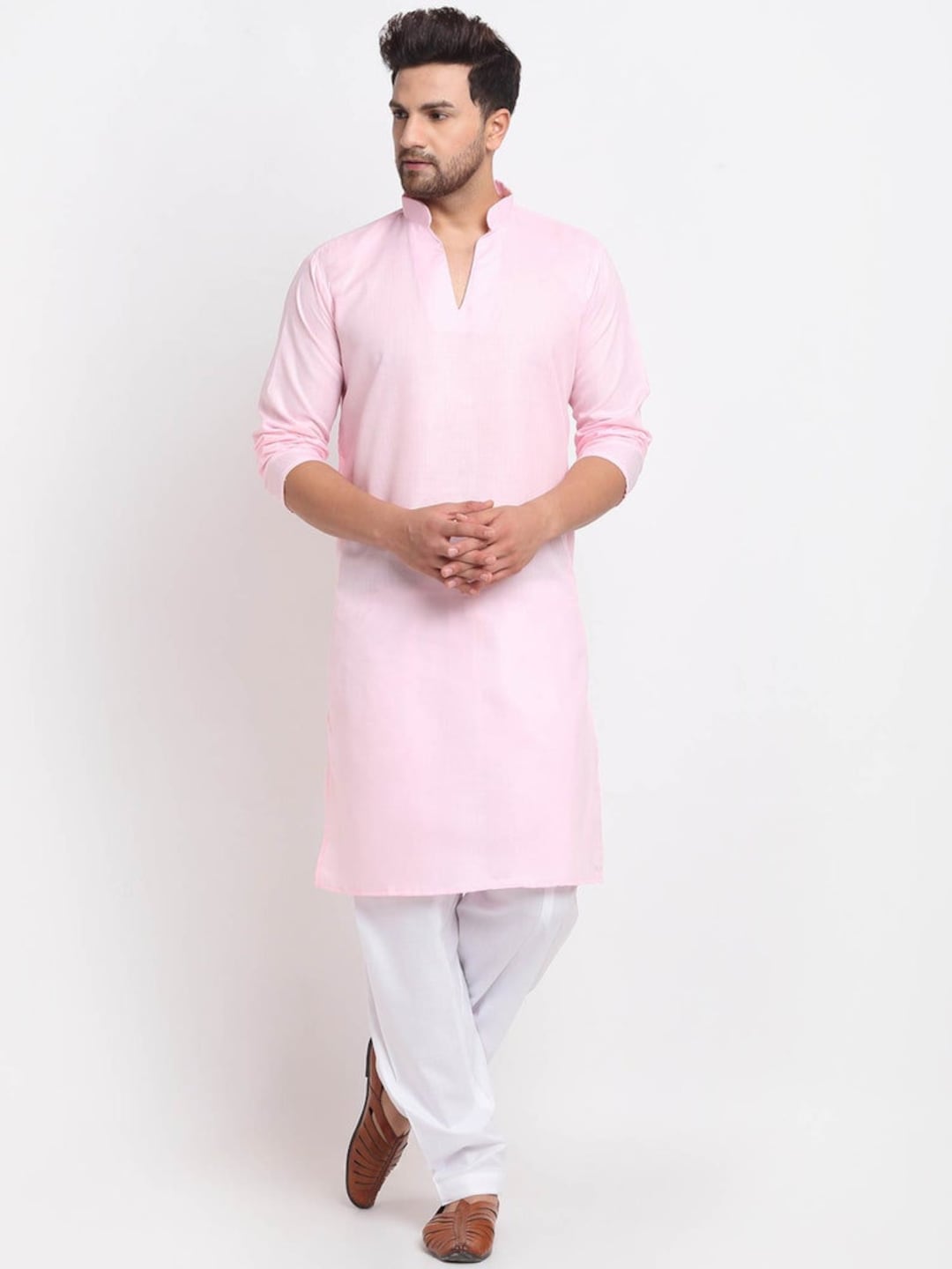 Mens Pink Solid Pathani Kurta With White Salwars, 100% Cotton Handmade ...