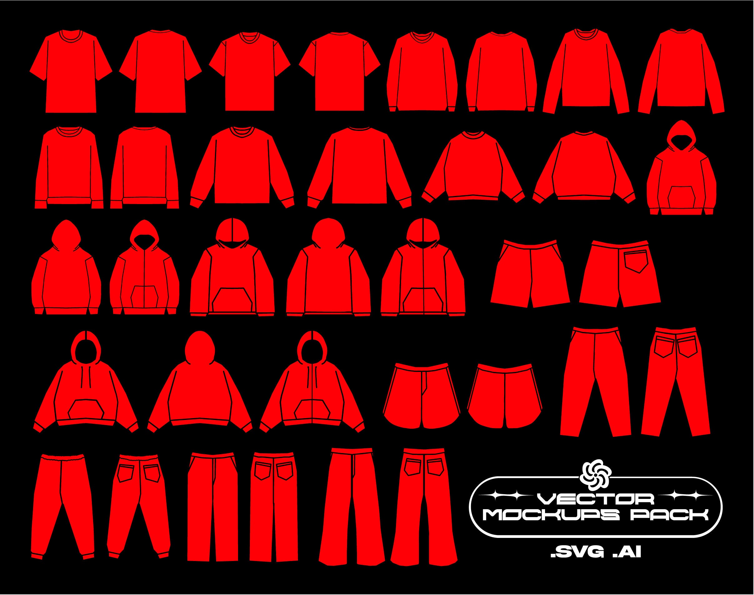 Streetwear Clothing Vector Mockups Pack (8 Colors) - for Illustrator ...