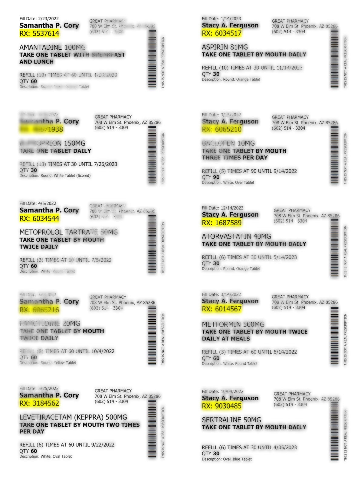 Mock Patient Prescription/medication Labels for Slp/ot/cma/nursing ...