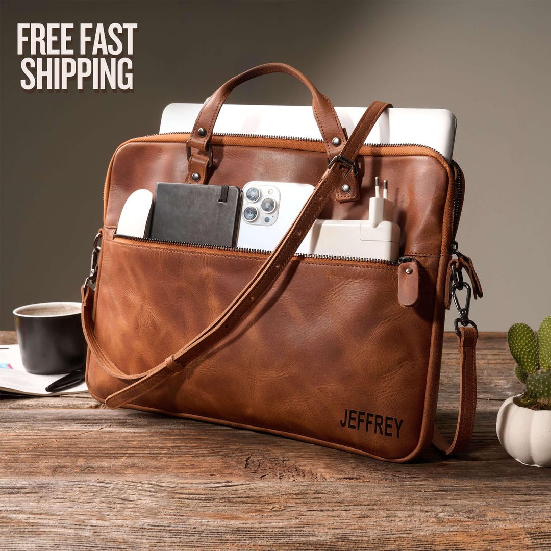Personalized Leather Briefcase: Full Grain Work Bag, Gift for Dad - Etsy