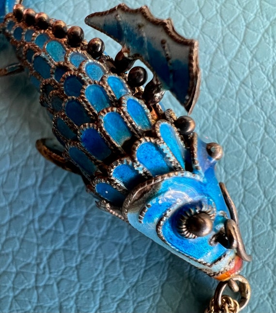 Gold Tone Articulated Blue Koi Fish Enamel Pendant Ne… - Gem