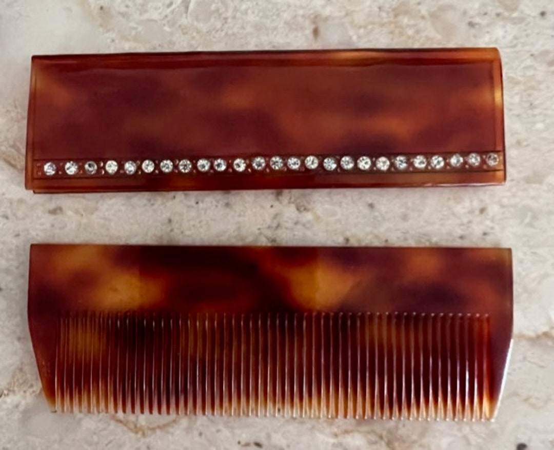 Rhinestone Embellished Purse Comb With Case Faux Tortoiseshell Travel ...