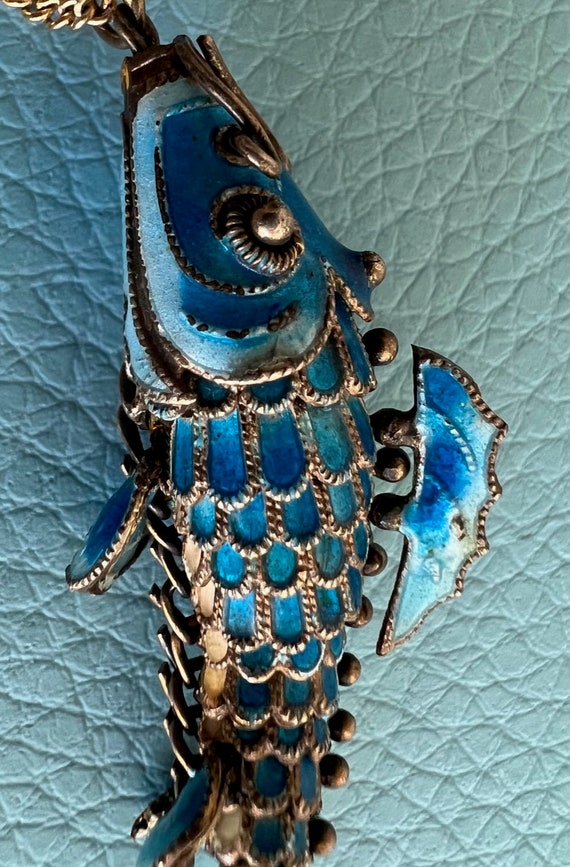Gold Tone Articulated Blue Koi Fish Enamel Pendant Ne… - Gem