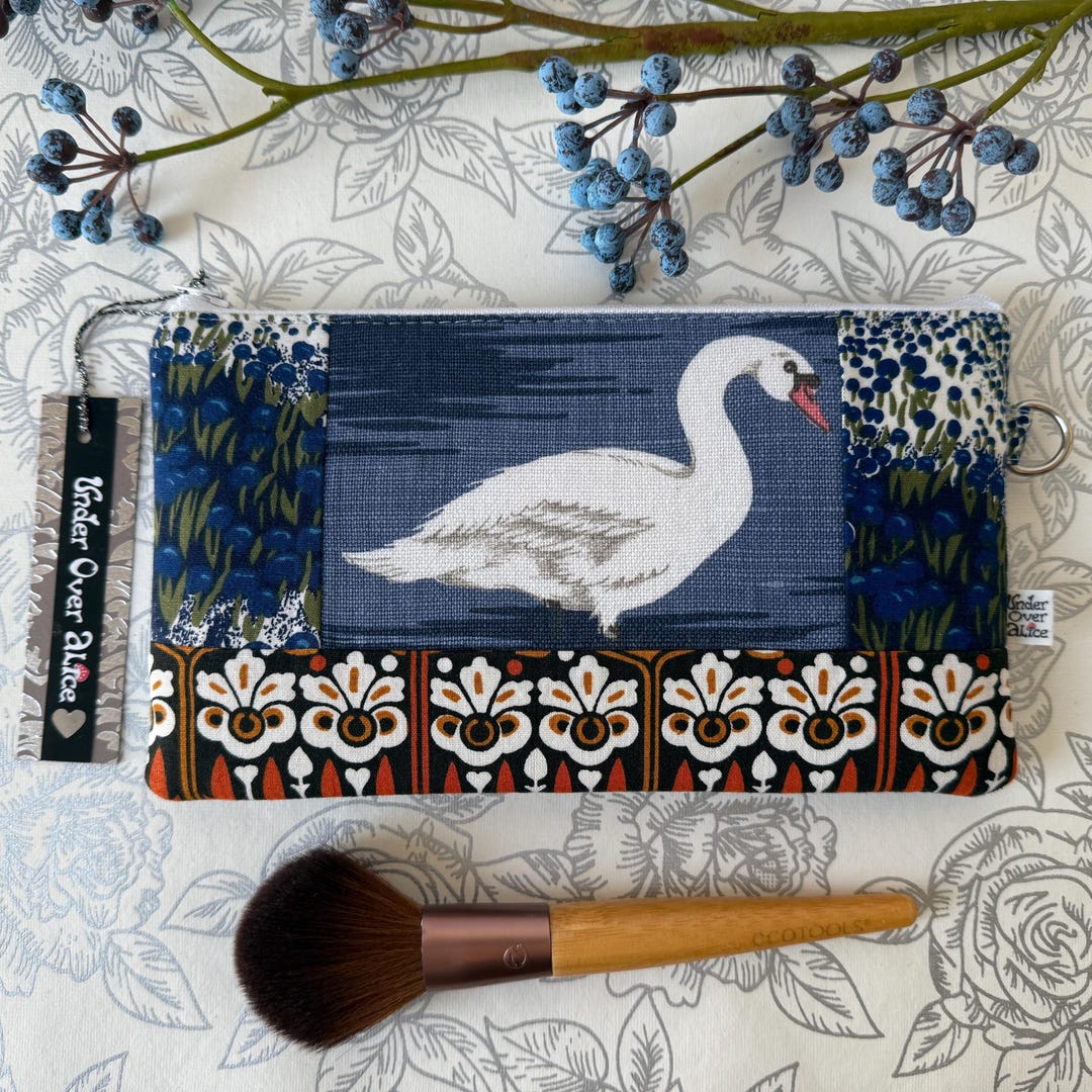 Dusty Blue Makeup Bag Swan Lake River Print Patchwork Cosmetic Purse ...