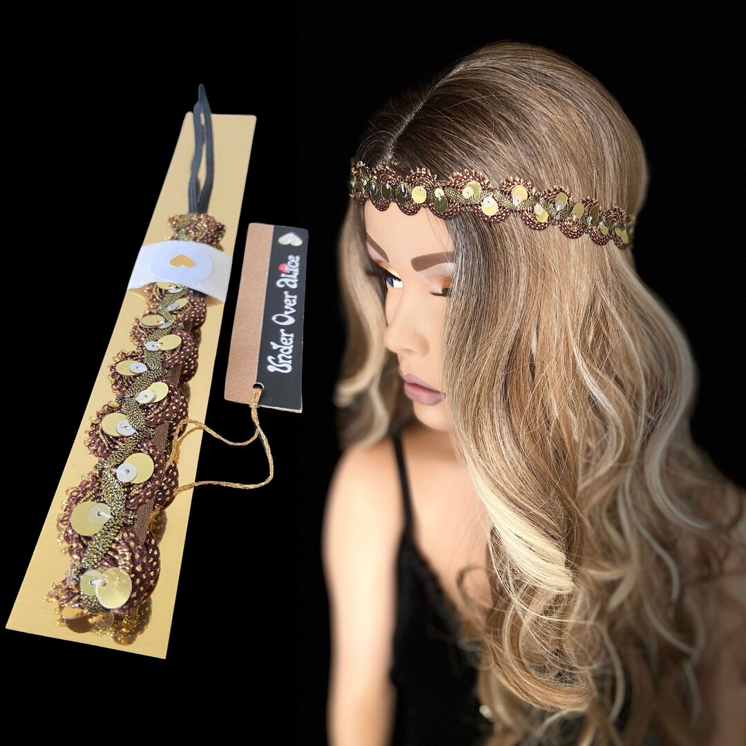 Chic Glam Sequence Goddess Hair Band Diadem Circlet: Gold Braid Ribbon ...
