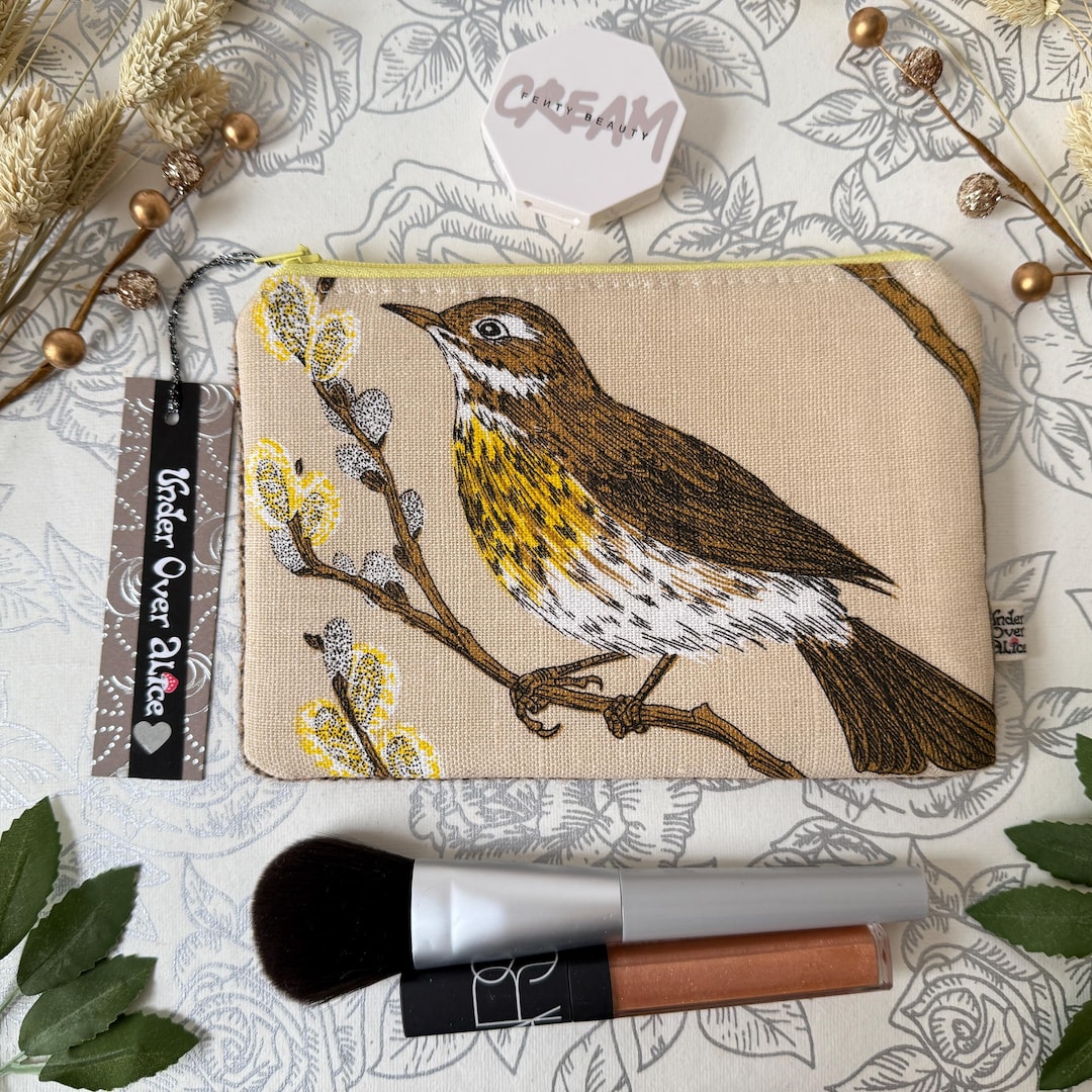 Thrush in Floral Pussy Willow Tree Cute Zip Wallet Designer Tweed Wool ...