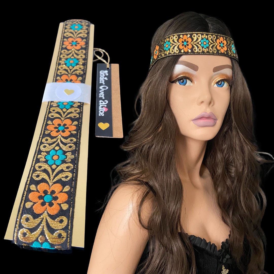 Boho Flower Headband Gold Lurex Fabric Vintage Embroidered Alice Band ...