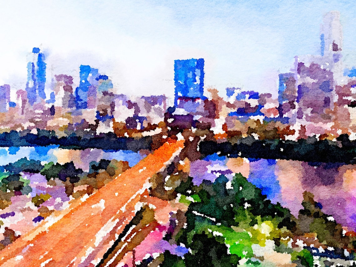 Austin Texas Skyline Watercolor Art Print Texas Impressionist | Etsy