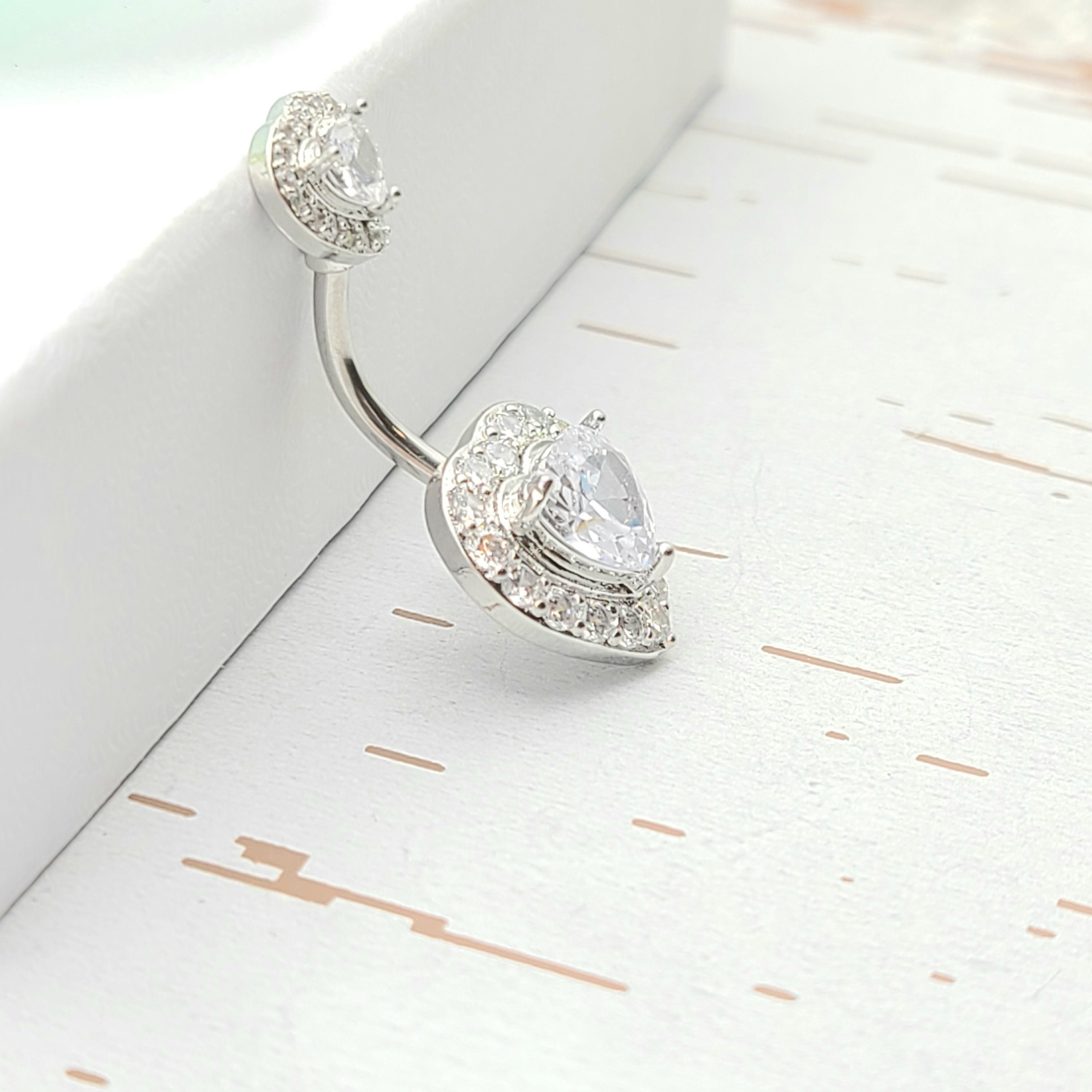 14G Cubic Zirconia Heart Belly Ring. Belly Ring. Silver Heart Belly ...