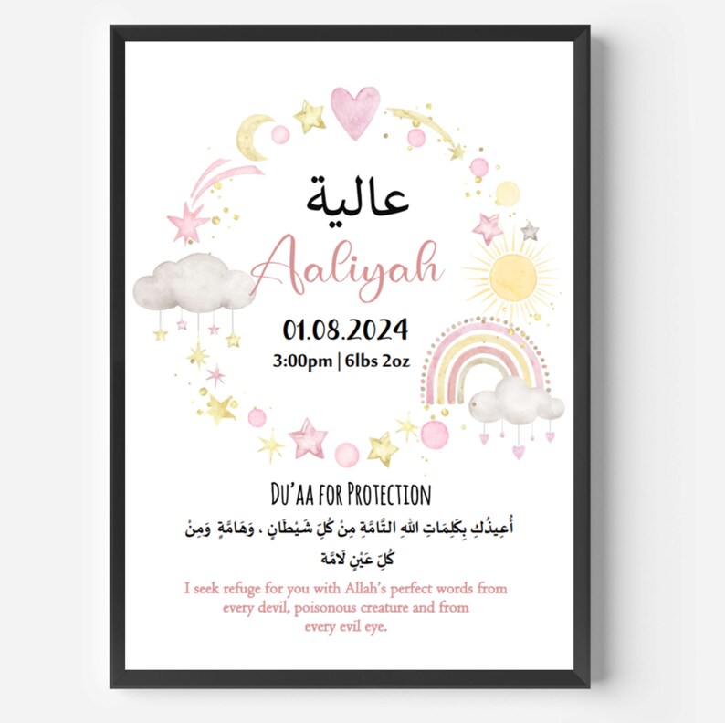 Personalised Islamic Baby Girl Print, Islamic Baby Frame, Islamic Baby ...