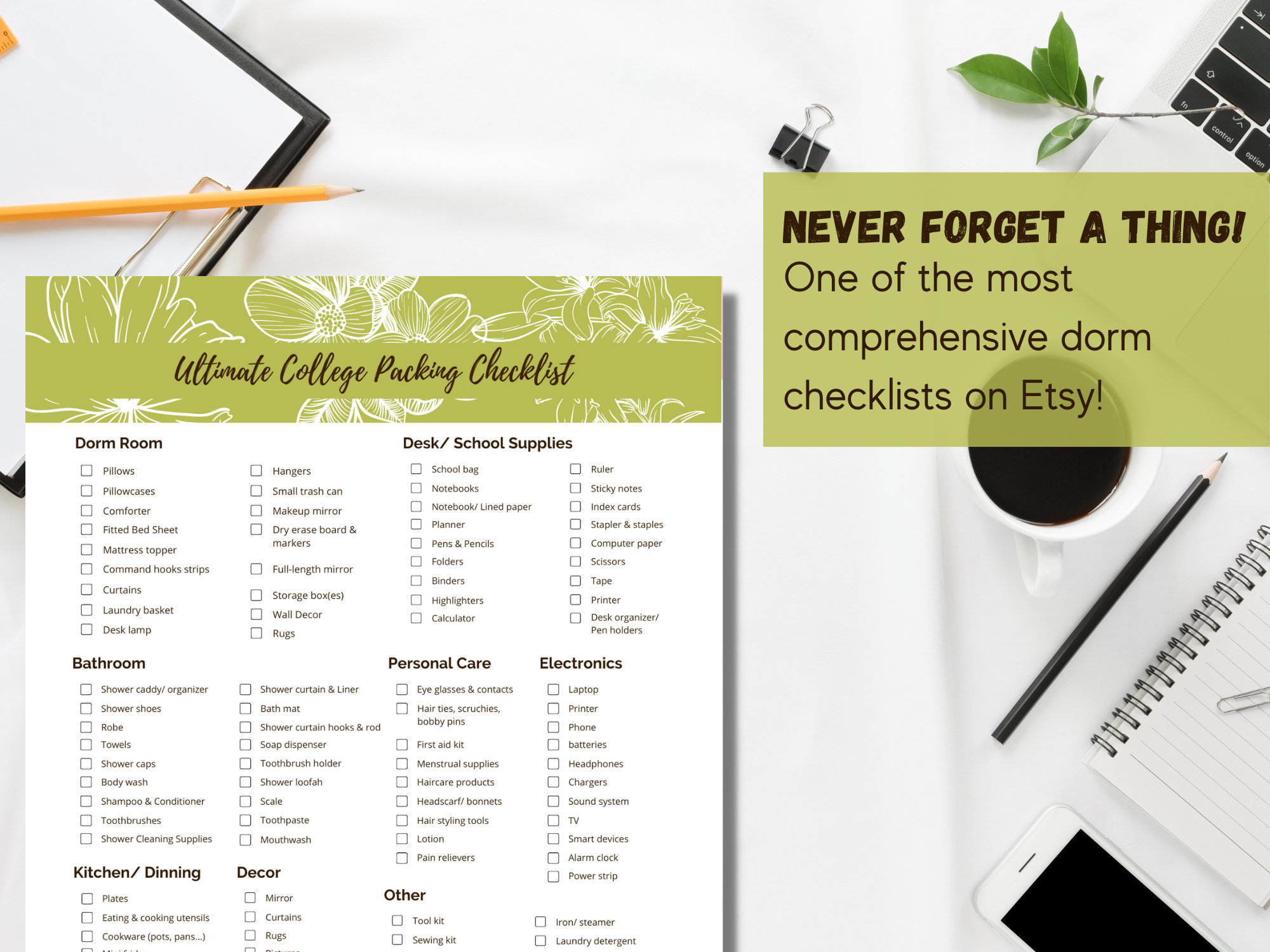 College Dorm Room Checklist for Girls • Freshman Packing List Printable ...