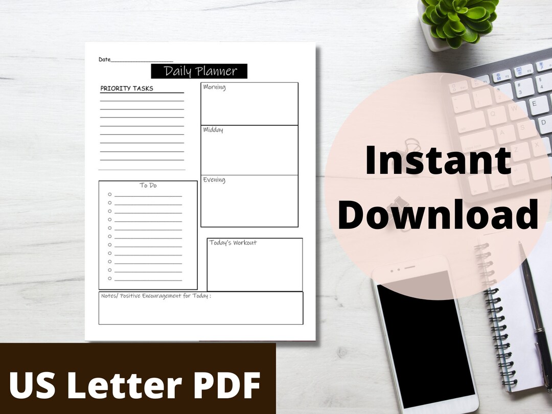 Monochrome Daily Planner Sheets- Simple One-page Downloadable Planner ...