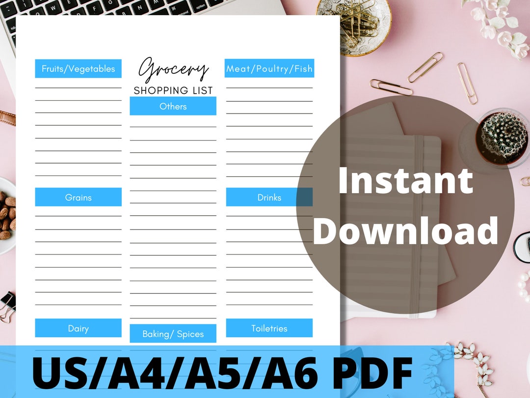 Light Blue Grocery List Printable • Weekly Shopping • Food Planner PDF ...