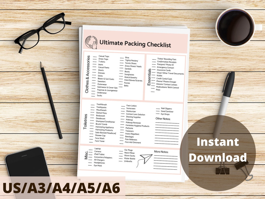 The Ultimate Travel Packing Checklist in Pink-us Letter/a4/a5/a6 ...