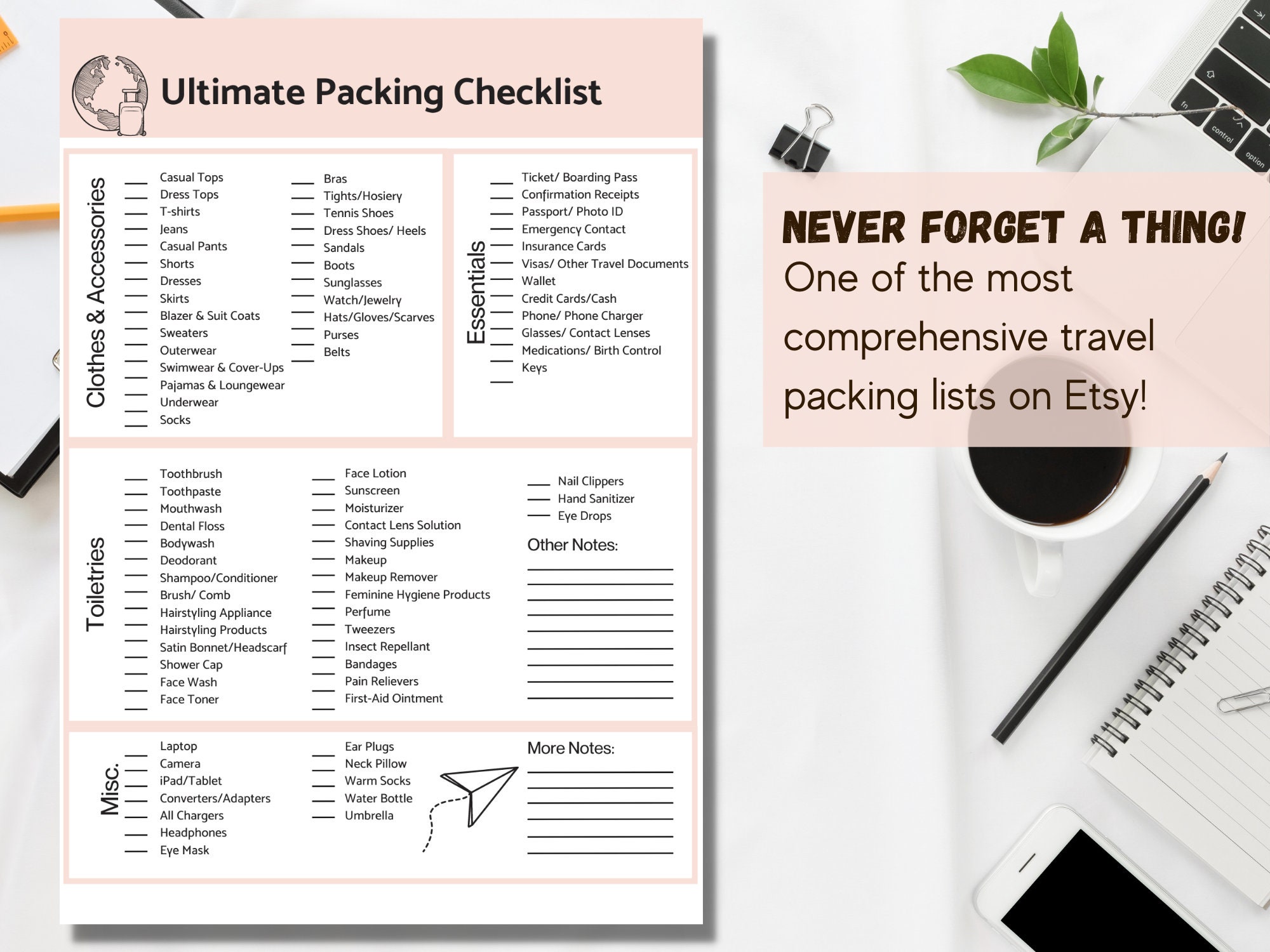 The Ultimate Travel Packing Checklist in Pink-us Letter/a4/a5/a6 ...