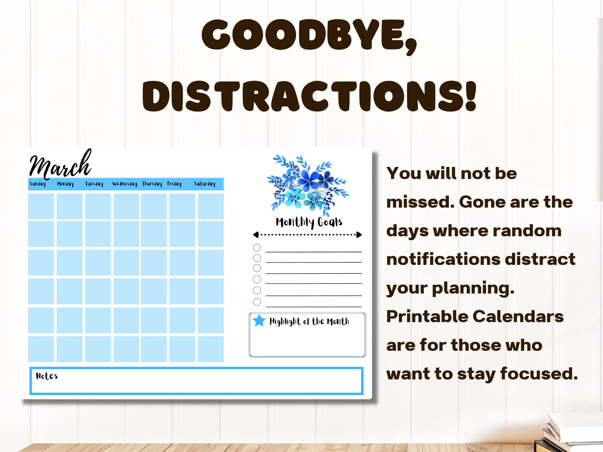 Blue Floral Blank Calendar Printable: Perpetual Monthly Planner ...