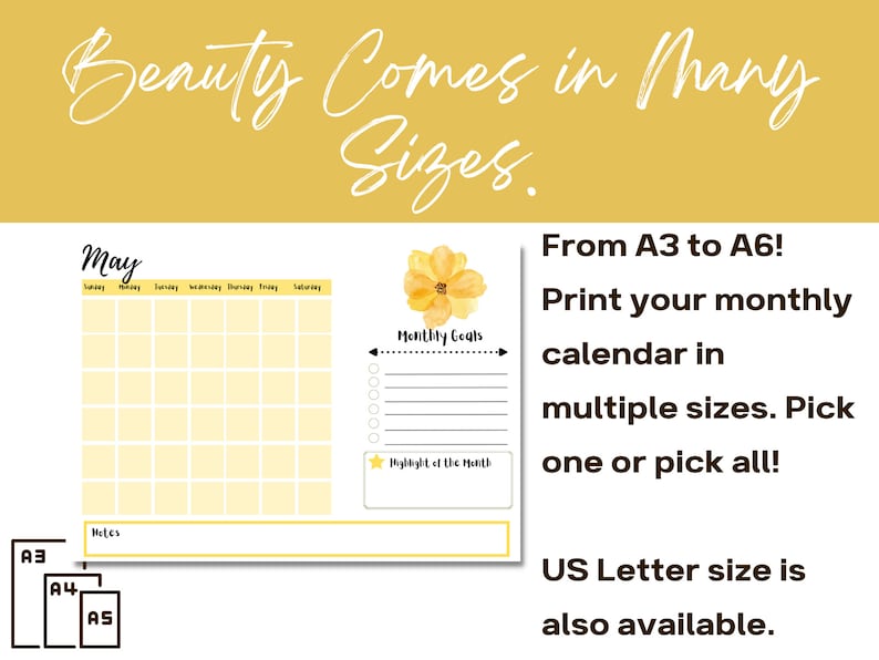 Yellow Floral Undated Calendar Printable: Perpetual Monthly Planner ...