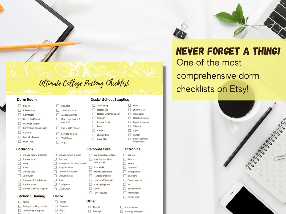 Ultimate College Dorm Room Checklist for Girls- Dorm Essentials- Yellow ...
