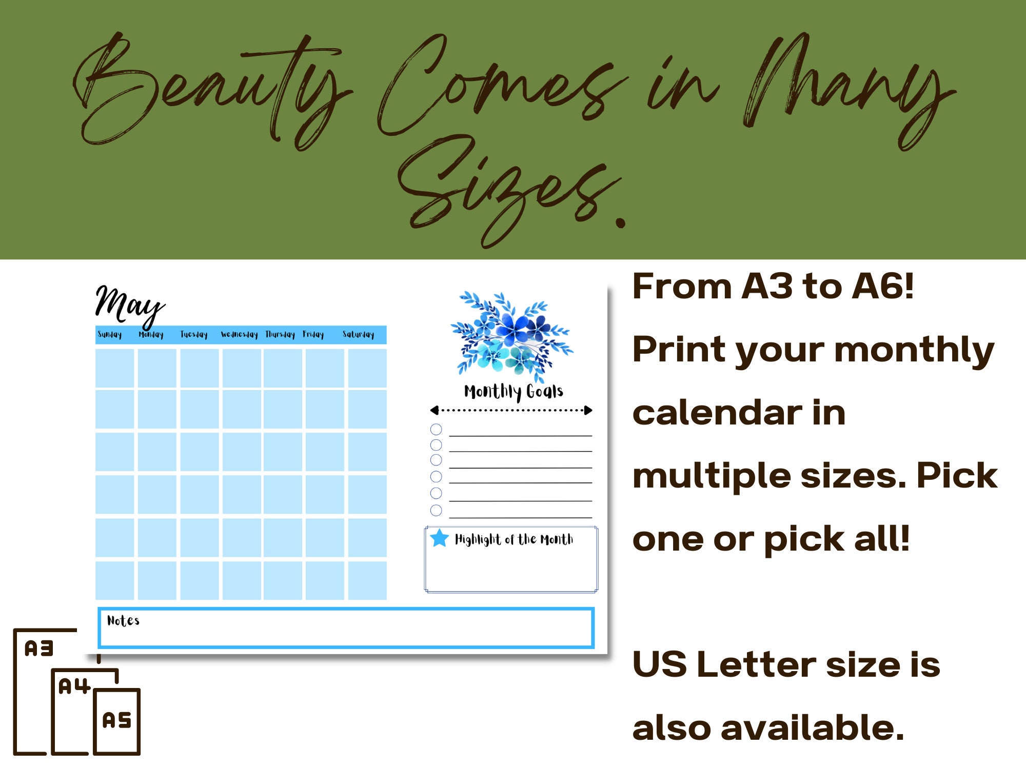 Blue Floral Blank Calendar Printable: Perpetual Monthly Planner ...
