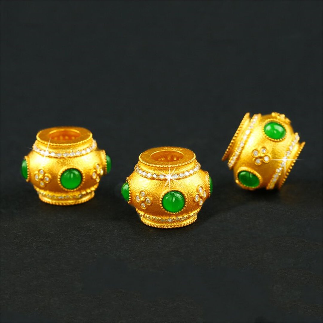 18K Solid Gold Lantern Bead, Green Jade CZ, Large Hole Spacer - Etsy
