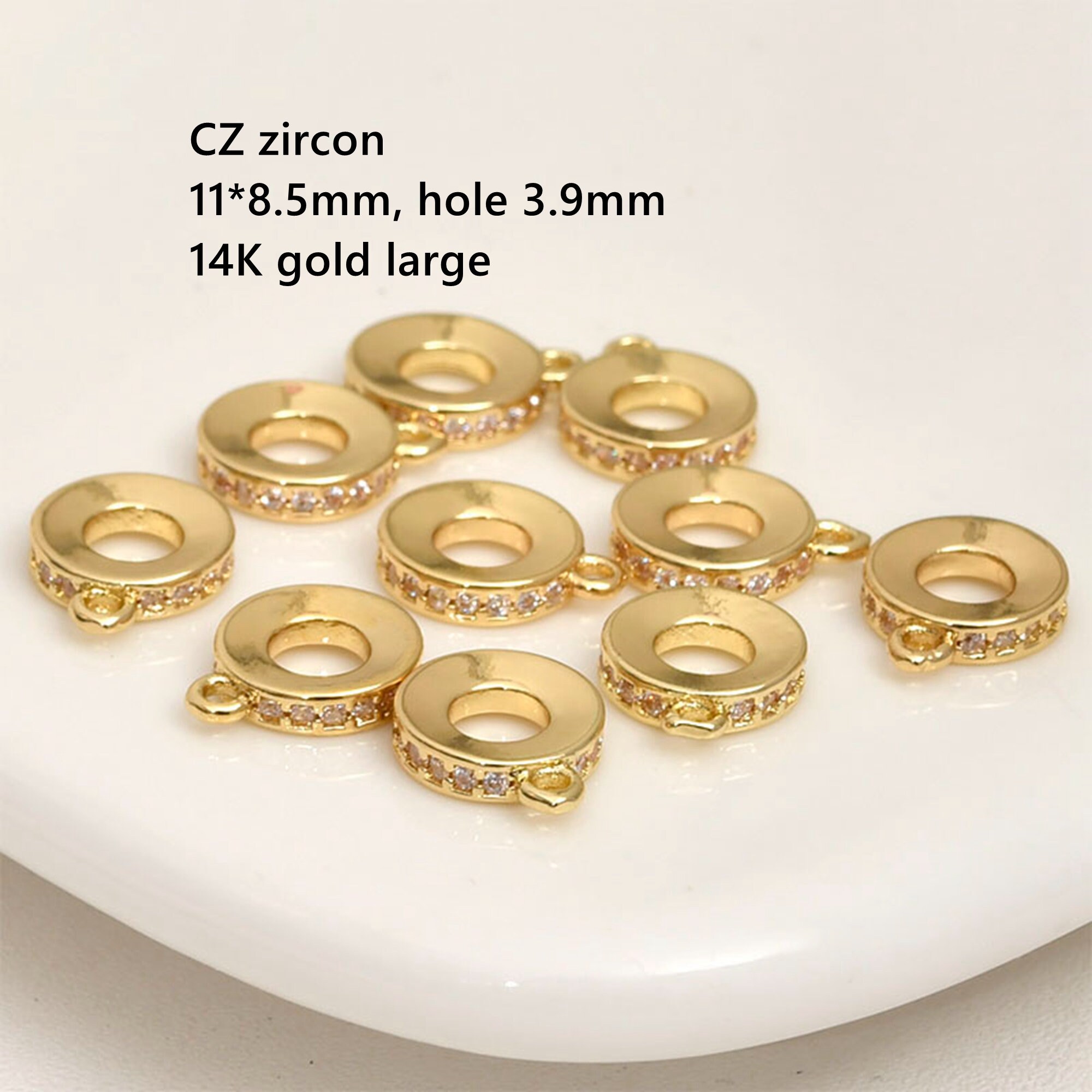 14K Gold Plated Copper Donut Bead With Loop, CZ Zircon Wheel Bail Bead ...