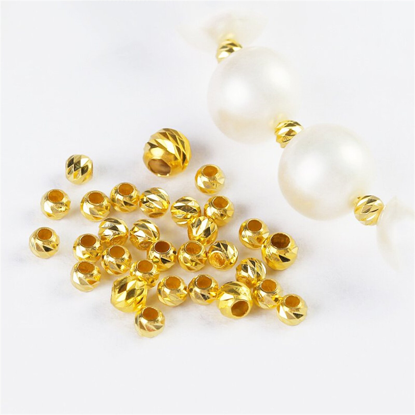 18K Solid Gold Faceted Round Spacer Beads, Vintage Textured Ball Bead ...