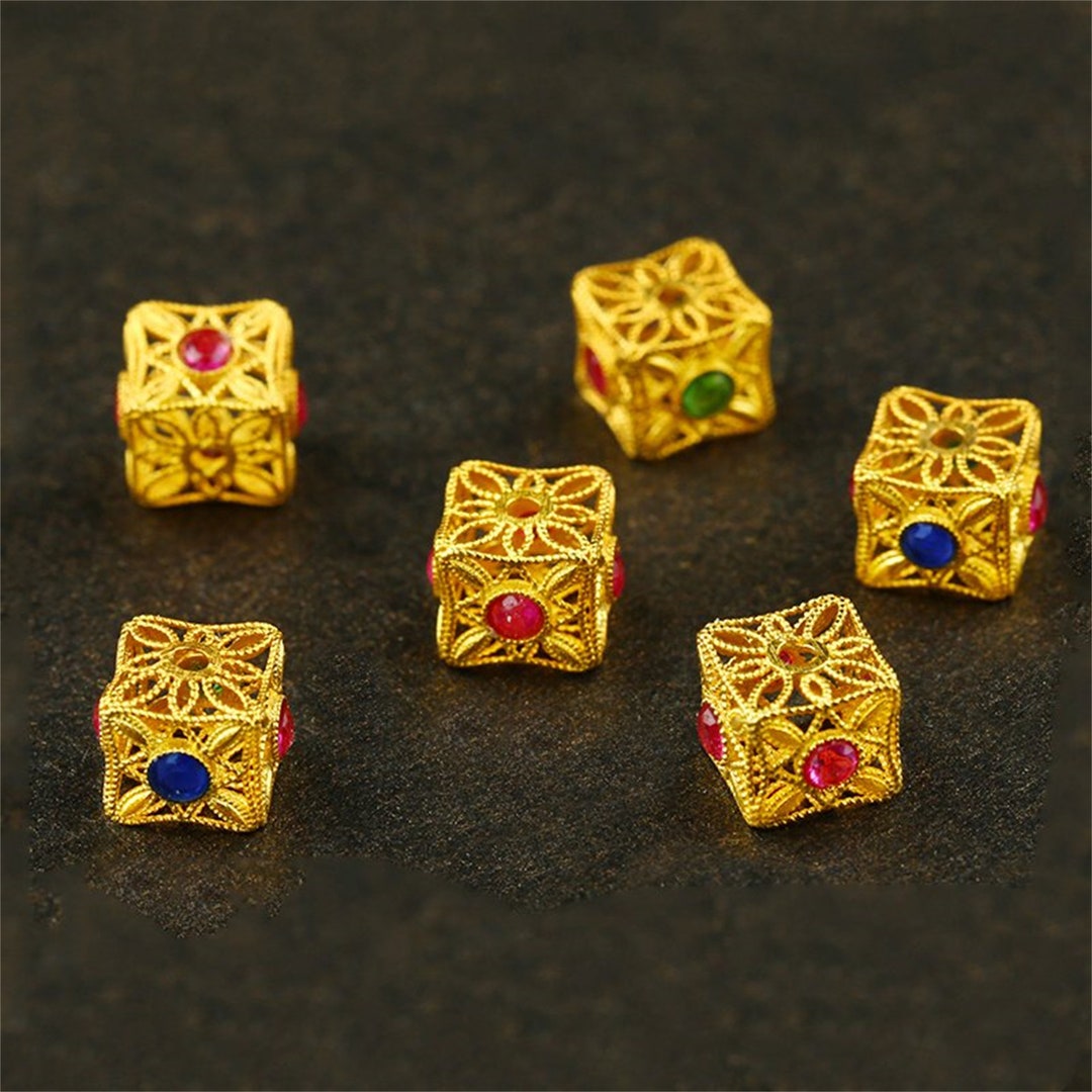 1pc 18K Solid Gold CZ Gems Cube Beads, Solid Gold Hollow Block Bead ...