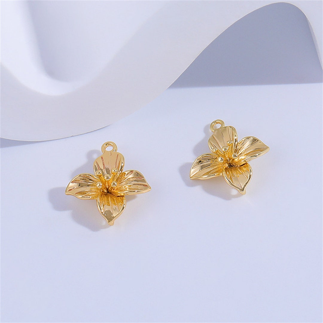 18K Gold Plated Flower Charm With Double Loop, Botanical Pendant - Etsy