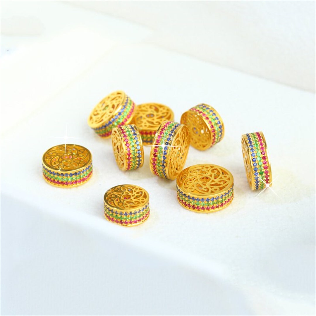 1pc 18K Solid CZ Colorful Gemstone Bead, Solid Gold Flat Round Bead ...