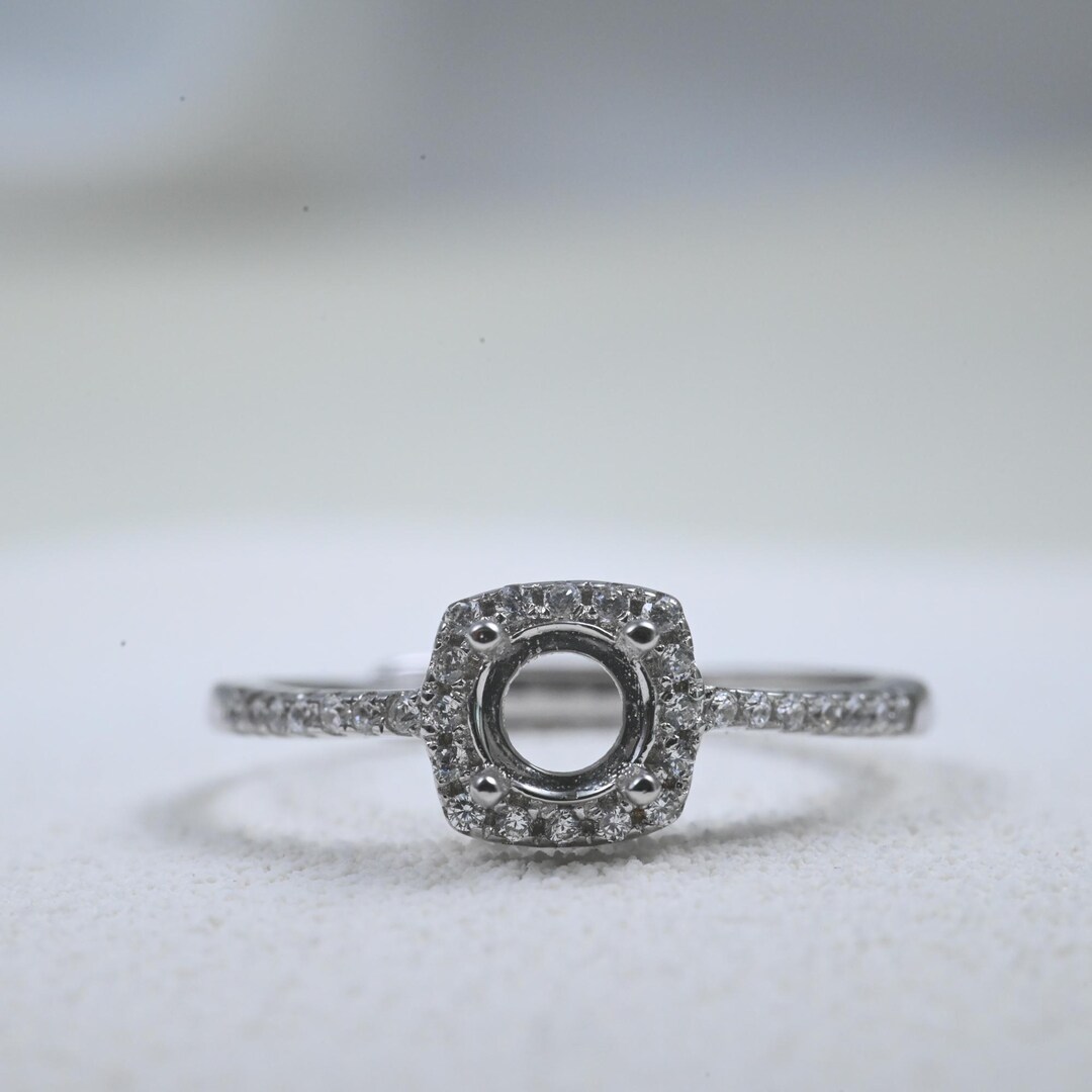 Sterling Silver Square Halo Ring Settings, 925 Silver Round Ring Head ...